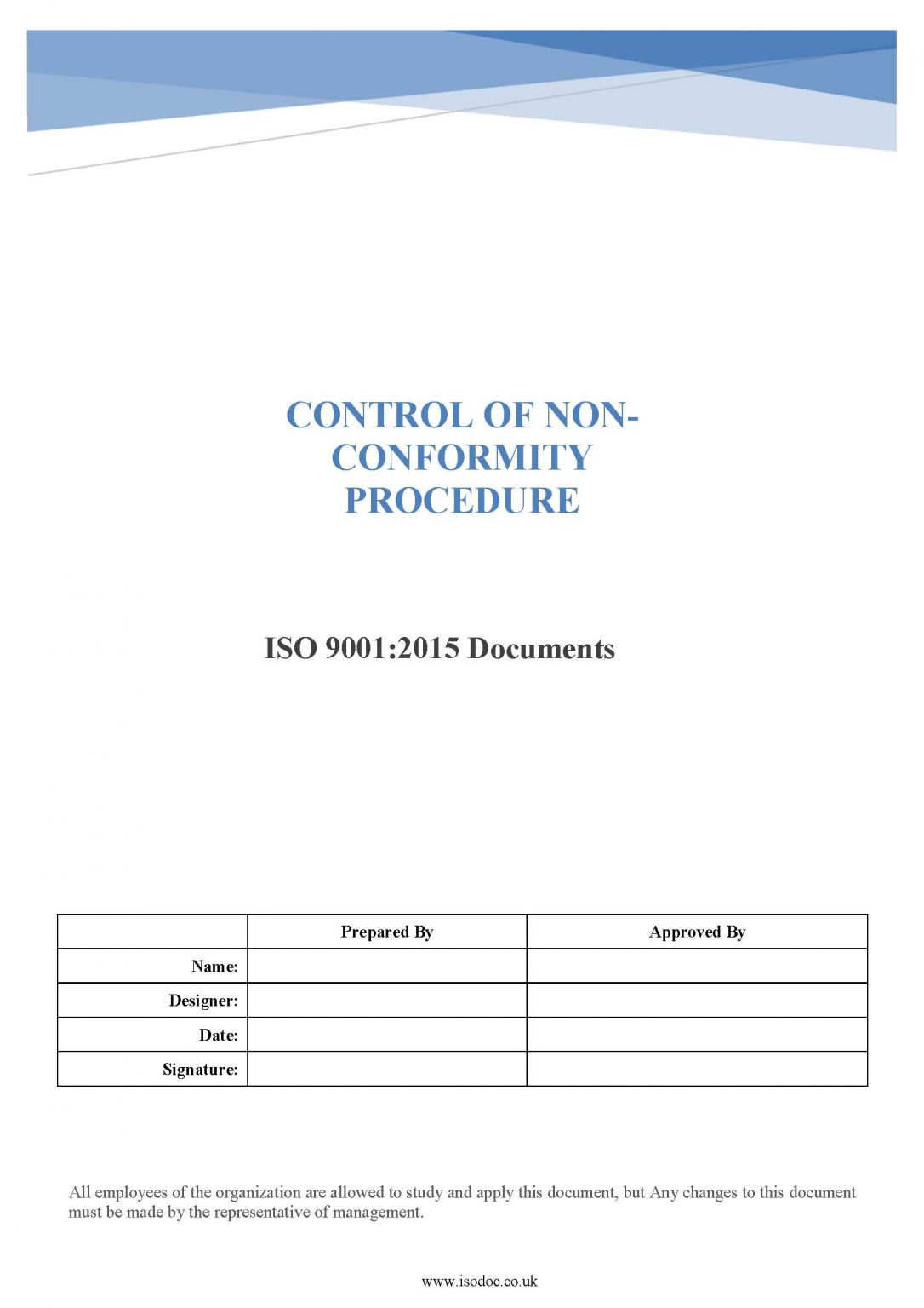 Control Of Non-Conformity Procedure ISODOC ,Download iso